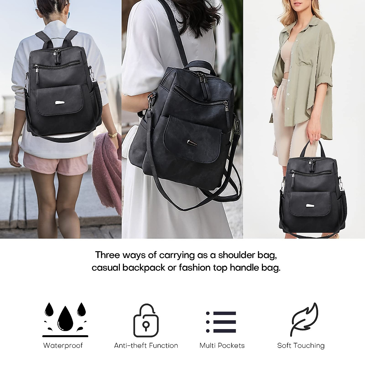 Osunnus Leather Backpack Purse for Women Vintage Fashion Travel Backpack Shoulder Bag, Black