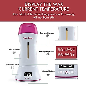 Roll On Wax Kit by Wax Bear - Digital Hair Removal Roller Wax Kit with Wax Cartridge Refills, Wax Heater with Detachable Magnetic Base | Digital Temperature Display | Easy to Use | For Women and Men