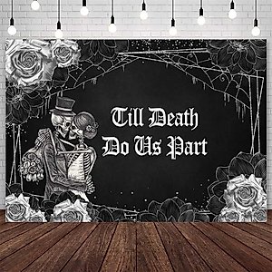 AIBIIN 7x5ft Halloween Till Death Do Us Part Backdrop Spooky Skull Gothic Wedding Party Decorations Supplies Bridal Shower Bride and Groom Mr and Mrs Anniversary Party Banner Photo Shoot Props