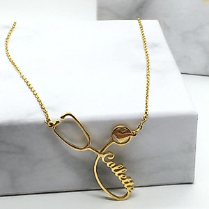MOTIEL Jewelry Personalized Custom Stethoscope Name Necklace 925 Sterling Silver 10k 14k 18k Gold Engraving Name Pendant Necklace, Gifts for Doctor Nurse (Yellow Gold)