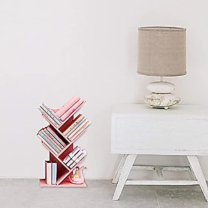 J.DXHY Tree Bookshelf,4-Layer Floor Standing Bookshelf,The Desktop Bookshelf Can Hold Books,Magazines,CDs and Photo Albums,Office Storage Rack,Pink
