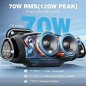 W-KING Portable Loud Bluetooth Speakers with Wireless Microphone, (120W PEAK)70W Outdoor Speaker Bluetooth Wireless Waterproof, Triple Passive Radiators-Deep Bass/Hi-fi/DSP/Power Bank/TF/AUX/EQ/Opener