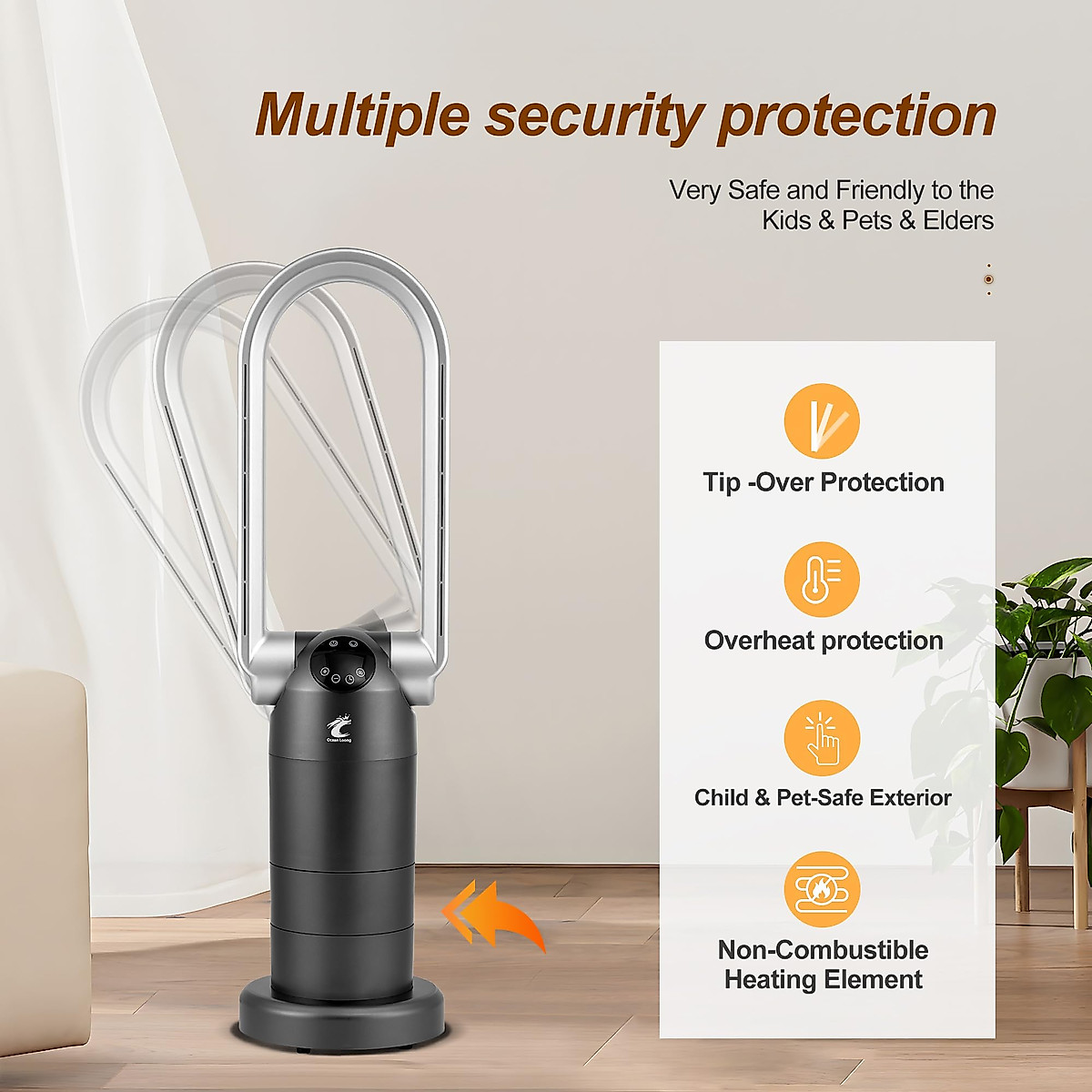 OceanLoong Bladeless Fan & Space Heater in One, Tower Fan for Bedroom Home,1500W Electric Heater with Adjustable Thermostat, Tip-Over Switch, Remote, Timer, Oscillating Table Fan, 29inch (Grey)