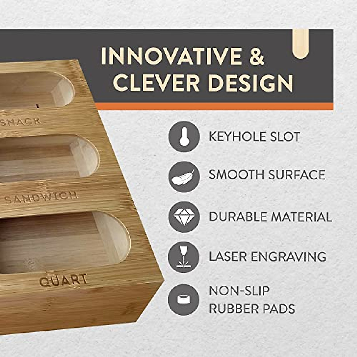 Catjo Bamboo Ziplock Bag Organizer for Drawer - 5 in 1 Food Storage Bag Organizer for Gallon, Quart, Sandwich and Snack - Small Variety Sized Plastic Ziplock Bag Container Organizer