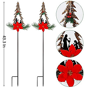 FORUP Christmas Pathway Lights, Outdoor LED Solar Powered Xmas Trees Pathway Lights, Metal Garden Stake Lights, Poinsettia Solar Christmas Yard Decorations, Set of 2