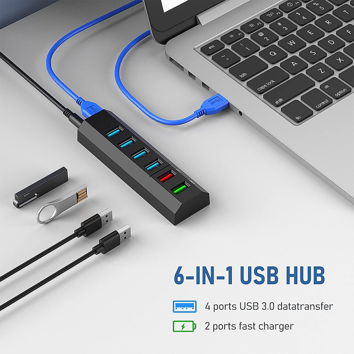 USB Hub, Aiibe 6 Ports Super High Speed USB 3.0 Hub Splitter + 24W Power Adapter + USB 3.0 Cable, Black Smart Fast Charger Powered USB Hub for Laptop, Mac, PC, Mobile HDD, Mulitple Devices
