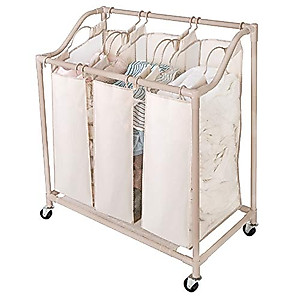 Smart Design Deluxe Rolling Triple Compartment Laundry Sorter Hampers with Wheels - Holds 6 Loads - Sturdy Steel Metal Frame - Clothes and Laundry - Home Organization - 30 x 32 Inch - Beige
