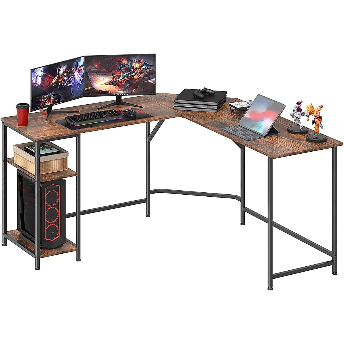 Reyade L-Shaped Desk, 57'' Coner Desk, Large Computer Desk, Gaming Desk, Home Office Writing Desk with Storage Shelves, Reversible PC Workstation Laptop Table, Rustic Oak