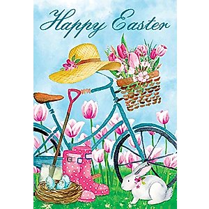 Texupday Happy Easter Bicycle with Cute Bunny Tulips Decoration Spring House Flag Outdoor Yard Flag 28" x 40"