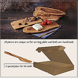 Crystalia Handmade Small Wooden Cutting Board for Kitchen, Natural Olive Wood Cheese Serving Board, Cute Live Edge Cutting Chopping Board with Wooden Spreader for Butter, Jam