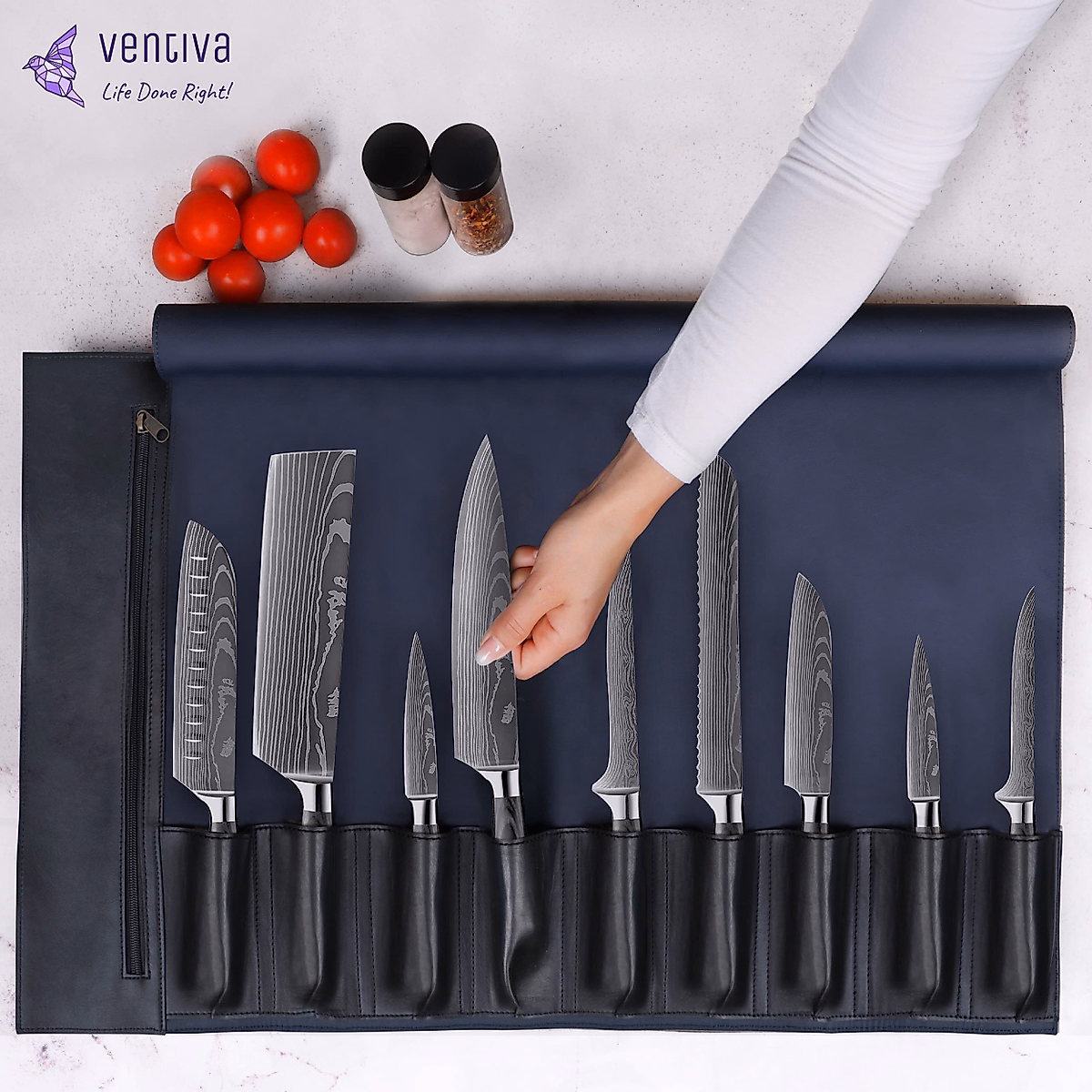 Ventiva - Black Leather Knife Roll Storage Bag, 9 Pockets w/ Large Utility Pocket, Adjustable/Detachable Shoulder Strap, Travel-Friendly and Durable