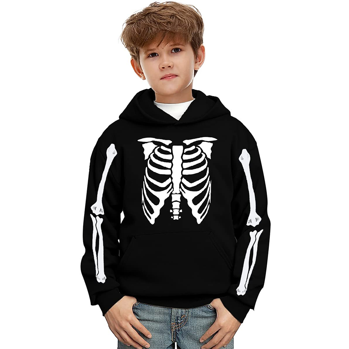 Remimi Kids Halloween Skeleton Sweatshirt Hoodie Boys Girls Long Sleeve Pocket Hooded Pullover Tops 9-10 Years