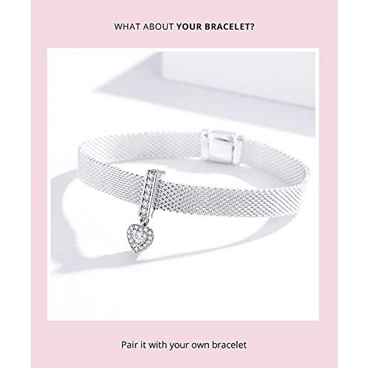 MEETCCY 925 Sterling Silver Reflexions Bracelet for Women Mesh Bracelet Clip Beads Safe Chain.Birthday Christmas for Friends Mothers Wife and Daughters (Love Heart Charms)