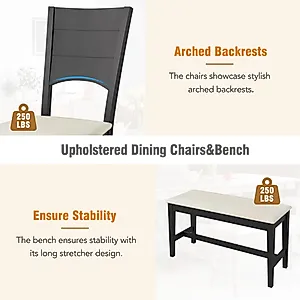 Modern Style 6-Piece Half Round Dining Table Set, Wood Kitchen Table Set with Long Bench and 4 Dining Chairs, Dining Room Table Set for 6 People, Living Room Furniture（Gray）