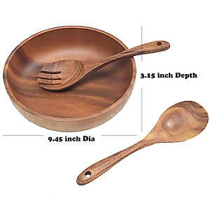 XD MEXL Wooden Bowl Wooden Salad Bowl Set, 9.45 inch Acacia Wood Large Salad Serving Bowl with Fork and Spoon, Handmade Wooden Mixing Bowl Utensils Set (3pcs)