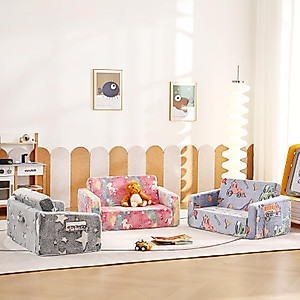 Tiita Kids Sofa Chair, 2 in 1 Toddler Fold Out Couch, Comfy Kids Sofa for Playroom-Extra Soft 2 Seats, Glow in The Dark Children Couch to Lounger for Girls Boys, Vehicles