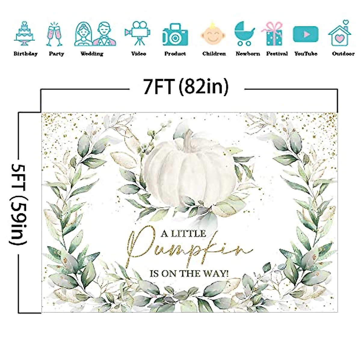 Mocsicka Greenery Gold Pumpkin Baby Shower Backdrop White Pumpkin Baby Shower Background Autumn Fall Baby Shower Party Decorations Banner Photo Studio Props (7x5ft)