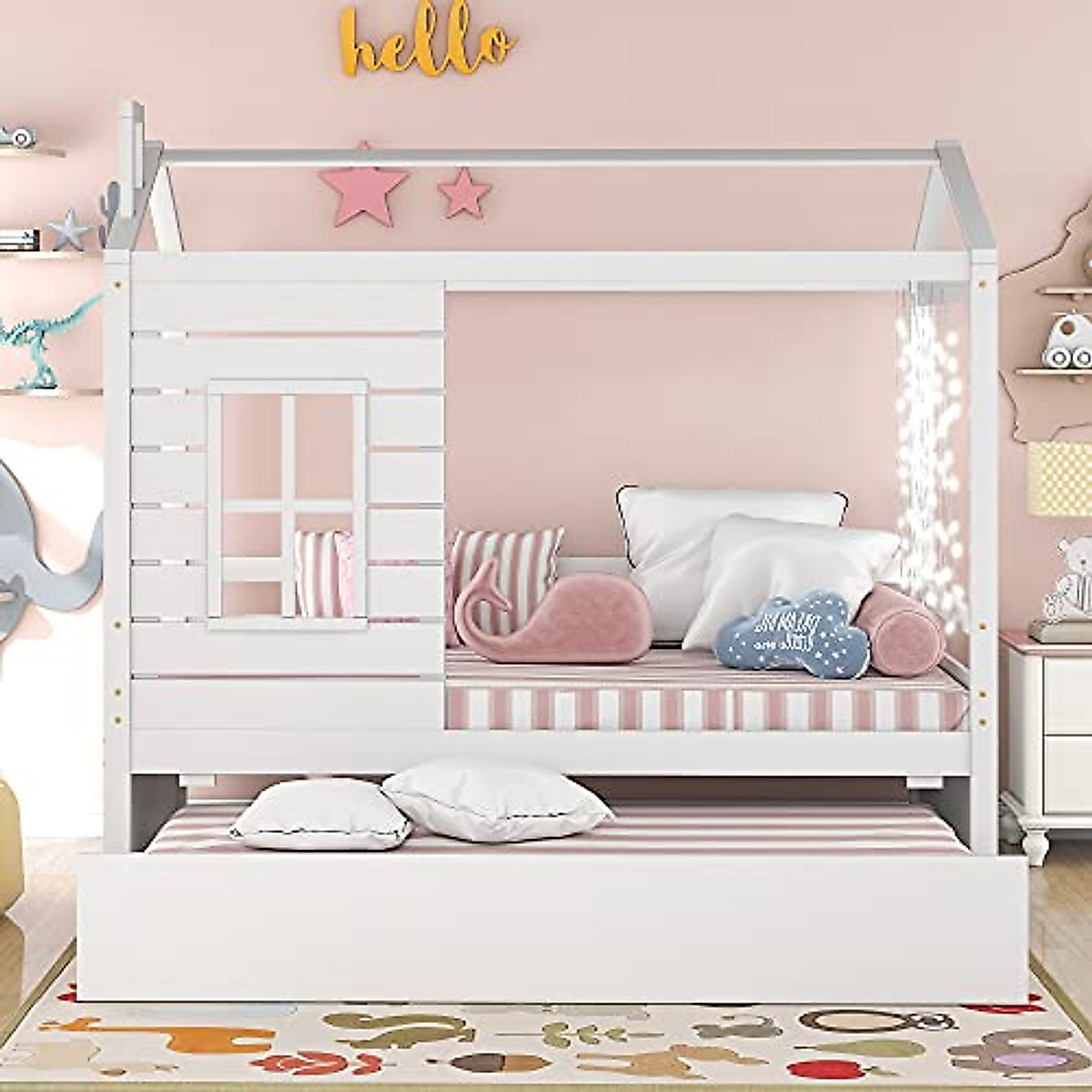Merax Twin Size House Bed for Kids Wood House Bed Frame with Trundle and Window Storage Bed Frame for Kids Teens Adults