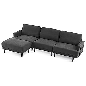 MCombo Sectional Couch Sofa L Shaped Couch for Living Room 3-Seat Dark Grey Sofa for Bedroom Modern Couch Set of 4 for Small Space Apartment Velvet Couch with Ottoman