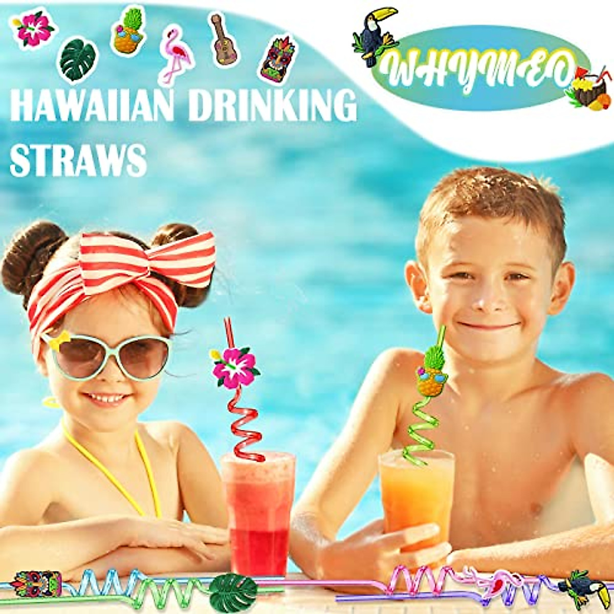 Hawaiian Luau Party Favor Drinking Straws (24 Pcs) Summer Beach Pool Birthday Party Supplies Reusable Plastic Drink Straw for Tropical Luau Party (2 Pcs Cleaning Brushes inside)…