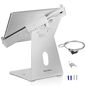 Volcora Anti-Theft Tablet Stand iPad Security Holder with Lock, Silver 9-13 Inch Kiosk Stand Mount, Swivel, Adjustable, for iPad Pro, Air, POS Register, Retail Business, Checkout, Cashier