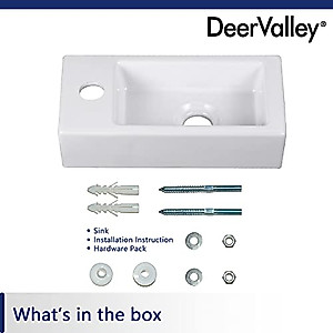 DeerValley DV-1V081L Liberty Wall Mount Sink, Rectangle Mini Vessel Sink,Small Bathroom Cloakroom White Porcelain Ceramic Wash Basin Right/Left Hand (Left Hand) (Left Hand)