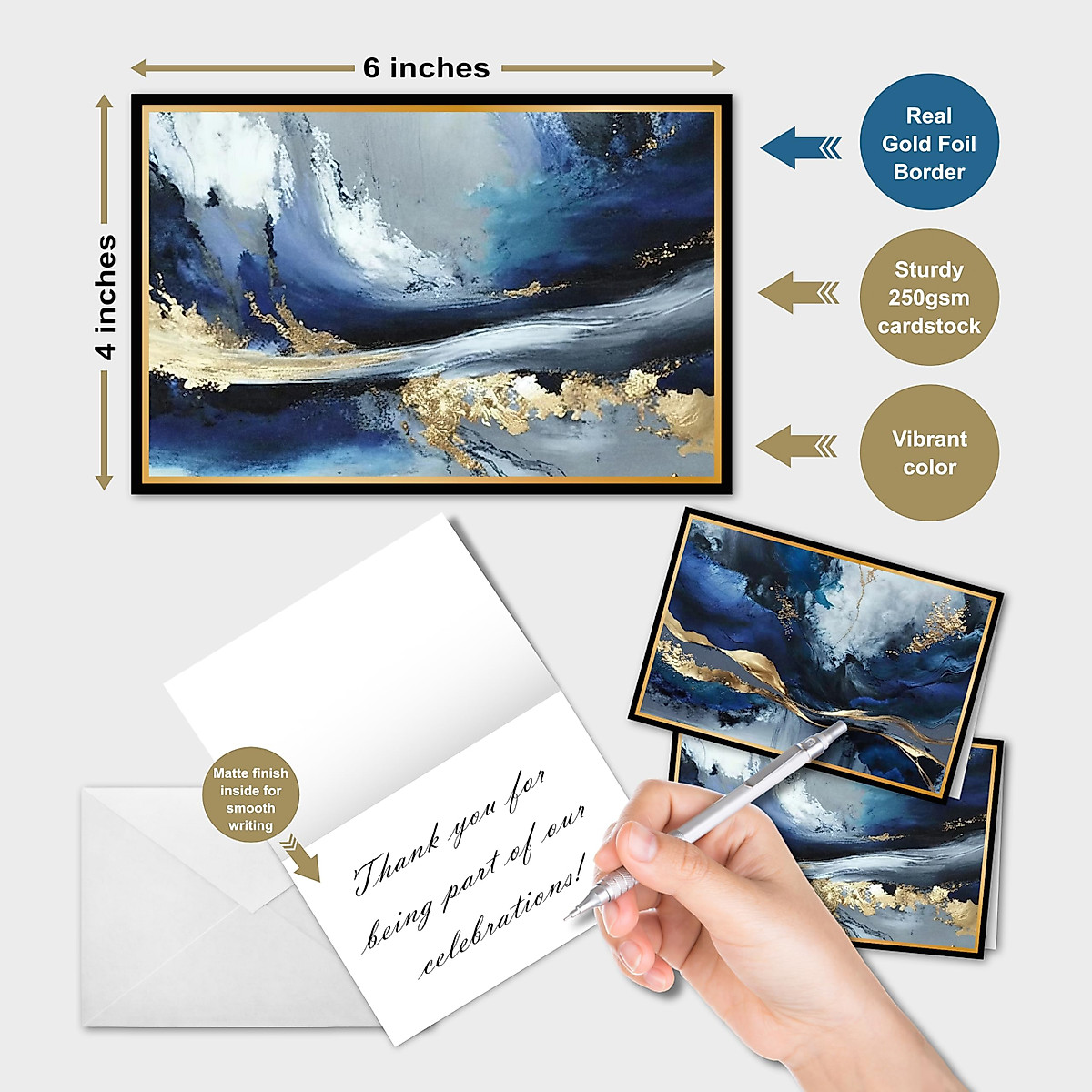 smart scribbles 48 Blank Cards - 4x6” Assorted Note Cards, Elegant Blue and Gold Abstract Greeting Cards, Thank You Cards Assortment with Envelopes