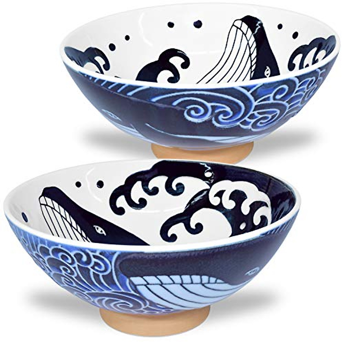 Mino Ware Japanese Rice Bowl, Rice Ramen Noodle Soup Sarada Pasta, Wave Whale Chawn, 5.7 inch 17.5oz Set of 2