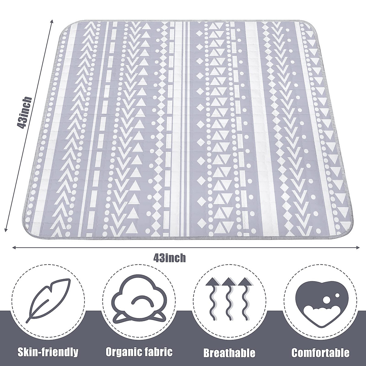 Boho Portable Baby Play Mat, 43 x 43 Inch Washable Foldable Crawling Mat, Non Slip Playmat for Babies, Kids Play Mats Pad for Floor Playpen Toddler Infants Tummy Time Activity