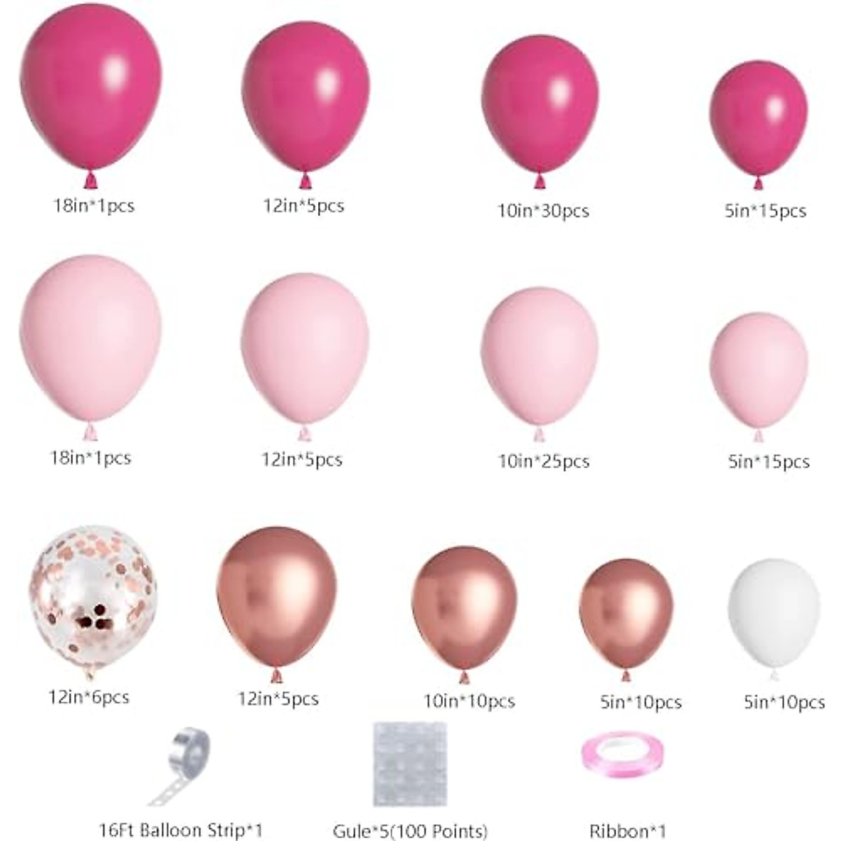 138pcs Pink Balloon Arch Garland Kit with Different Size Pastel Hot Pink White Metallic Rose Gold Confetti Balloons for Birthday Baby Shower Princess Theme Wedding Valentine's Party Decorations