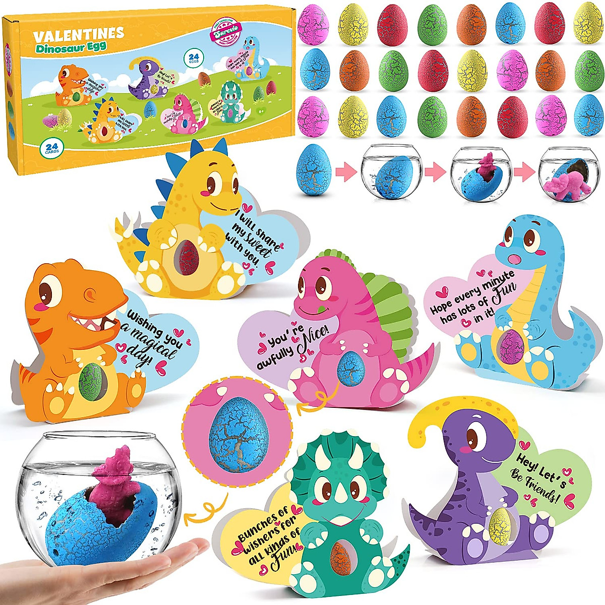 SURCVIO 24 Pack Valentines Day Gifts for Kids, Dinosaur Egg with Dinosaur 3D Greeting Cards for Kids, Valentine's Day School Prize Party Favor, Classroom Exchange Gift Set