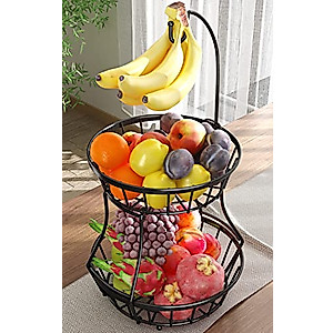 2-Tier Fruit Basket Bowl Stackable Vegetable Storage with Banana Tree Hanger Stand for Kitchen Countertop, Metal Wire Basket for Bread Onions Potatoes Black