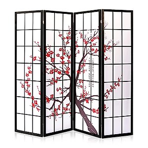 SereneLife Japanese Screen Room Divider - Portable Freestanding Classic Indoor Decorative 4-Panel Separator, Folding Privacy, Dressing Area, Office, Elegant Plum Blossom Design