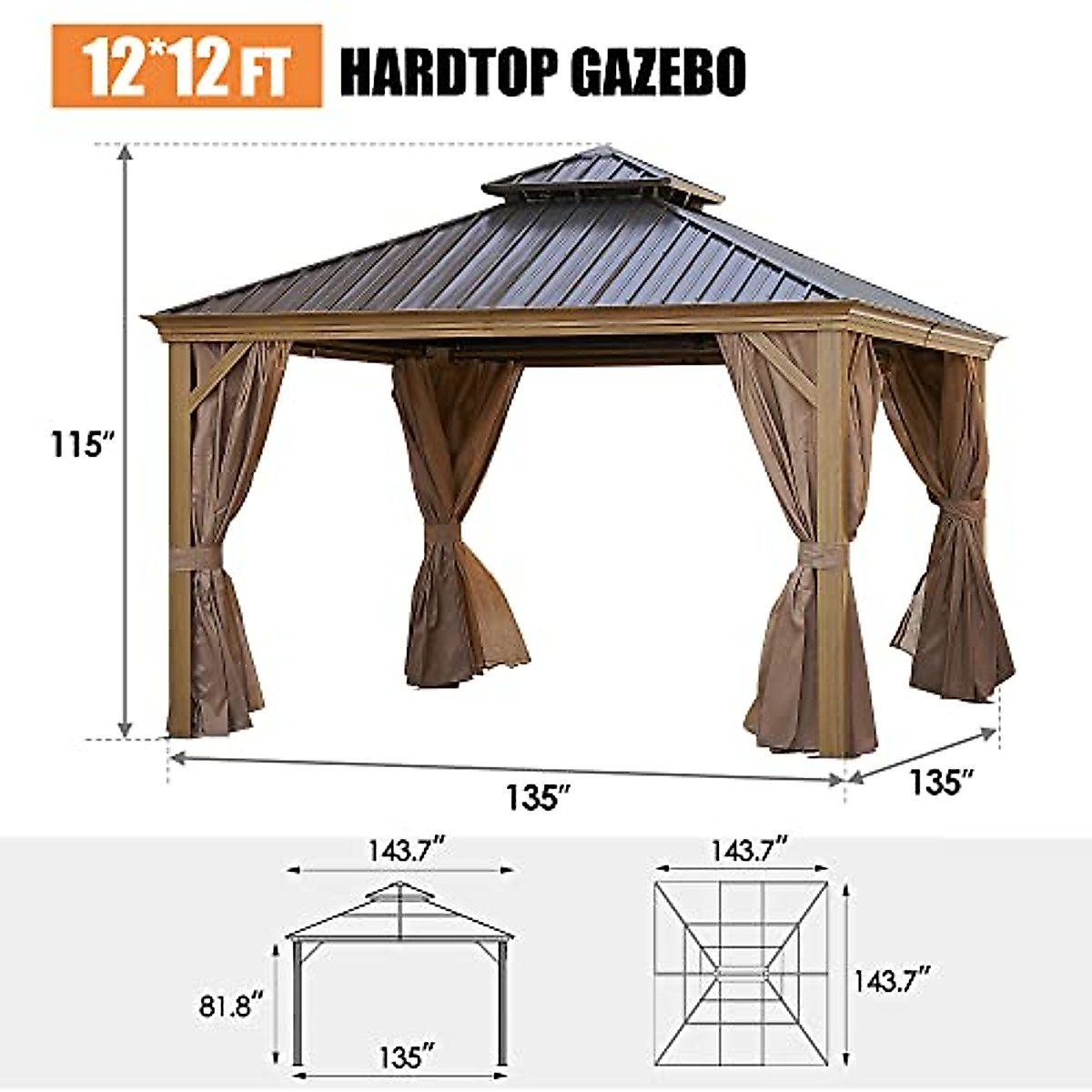 DHHU Outdoor Gazebo, 12' X 12' Patio Gazebo with Galvanized Steel Double Roof & Aluminum Frame, Hardtop Gazebo with Netting and Curtains,Patio Gazebo Pergola Pavilion for Gardens, Backyard Deck