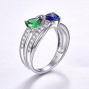 Merthus 6x6mm Heart Shape Simulated Emerald & Tanzanite 925 Sterling Silver Double Heart Promise Ring for Women Size 7