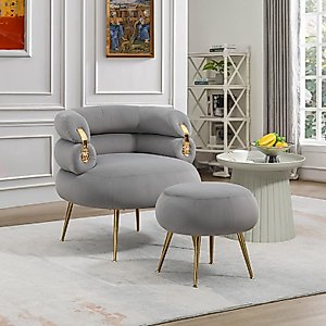 Antetek Modern Velvet Accent Chair with Ottoman, Upholstered Sofa Chair with Stylish Golden Decor, Comfy Arm Chair Leisure Lounge Chair for Living Room, Bedroom, Office, Grey
