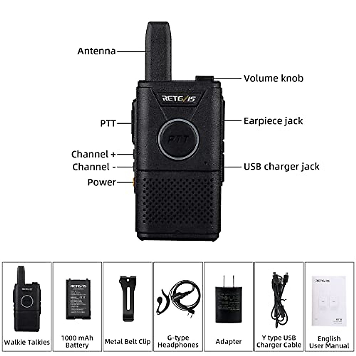 Retevis RT18 Dual PTT 2 Way Radios, Walkie Talkies with Earpiece, Metal Clip, Handsfree, Portable FRS Two Way Radios Rechargeable for Restaurant School Hospital Retail (10 Pack)