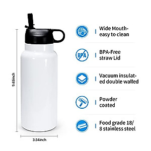 AGH 32 oz Sublimation Water Bottle Blanks, 8 Pack Double Wall Vacuum Flask Stainless Steel Sublimation Tumbler blank Sports Wide Mouth Water Bottle with Straw and Portable Handle