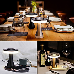 O’Bright - Portable LED Table Lamp with Wireless Charging Pad, Dimmable and Rechargeable Night Lamp, Ambient Light for Patio/Restaurant/Nursery, Bedside Nightstand Lamp, Brushed Nickel