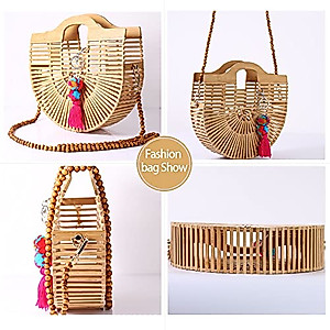 GLVOOI Bamboo Purse Straw Bag Basket Purse Beach Purse Bamboo Handbag Straw Beach Bag Straw Purses for Women Large Tote Bag
