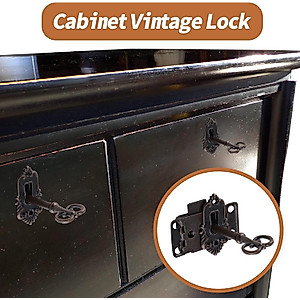 Kyuionty 2 Sets Skeleton Key Lock Decorative Antique Red Bronze Cabinet Lock with Key for Chest Cupboard Furniture