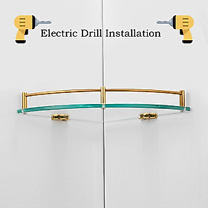 Paradmas Shower Corner Shelves 2 Pack - Bathroom Shower Caddy Tempered Glass Shelf with Rails SUS 304 Stainless Steel Wall Mounted Shower Organizer, 24cmx24cm 6mm, Gold