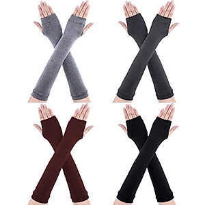 Bememo 4 Pairs Arm Warmer Fingerless Gloves for Women Long Arm Sleeves Knitted Elbow Length Gloves Gothic Thumb Hole Gloves (Black, Light Grey, Dark Grey, Coffee)