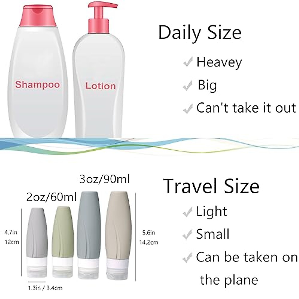 YFLife 3oz Travel Size Bottles TSA Approved Leak Proof, Squeeze Travel Size Containers for Shampoo Silicone Travel Bottles Set for Toiletries