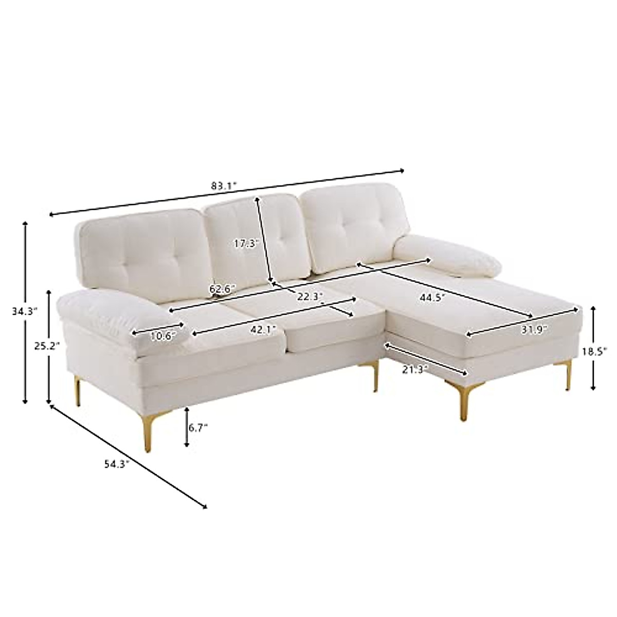 POULEII Sectional Sofa,Modern L-Shape Modular Sectional Sofa Sleeper Couch with Chenille Fabric and Gold-Plated Feet for Living Room, Apartment, Office,Creamy-White