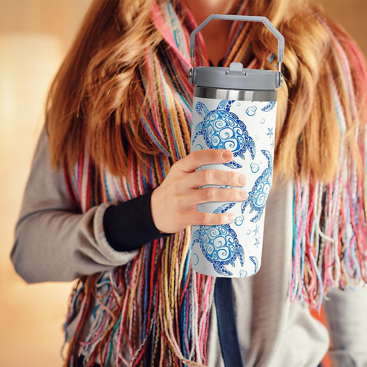 Sea Turtle Gift Tumbler with Handle and Straw, Stainless Steel Vacuum Insulated Flip Straw 30 oz Sea Turtle Tumbler Spill Proof Coffee Travel Mug Sea Turtle Gifts for Women