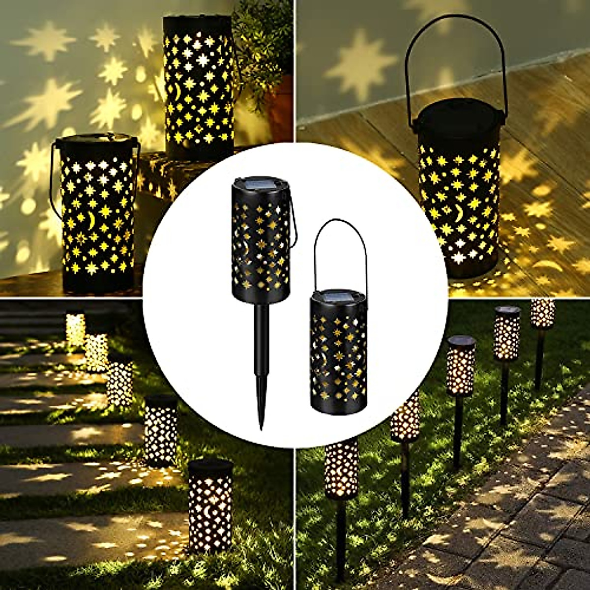 TZSSP Solar Pathway Lights Outdoor Solar Powered Garden Lights Metal Waterproof LED Path Hanging Solar Lights Star Moon Solar Landscape Lights Outdoor for Walkway, Garden, Patio, Lawn, Yard，6 Packs