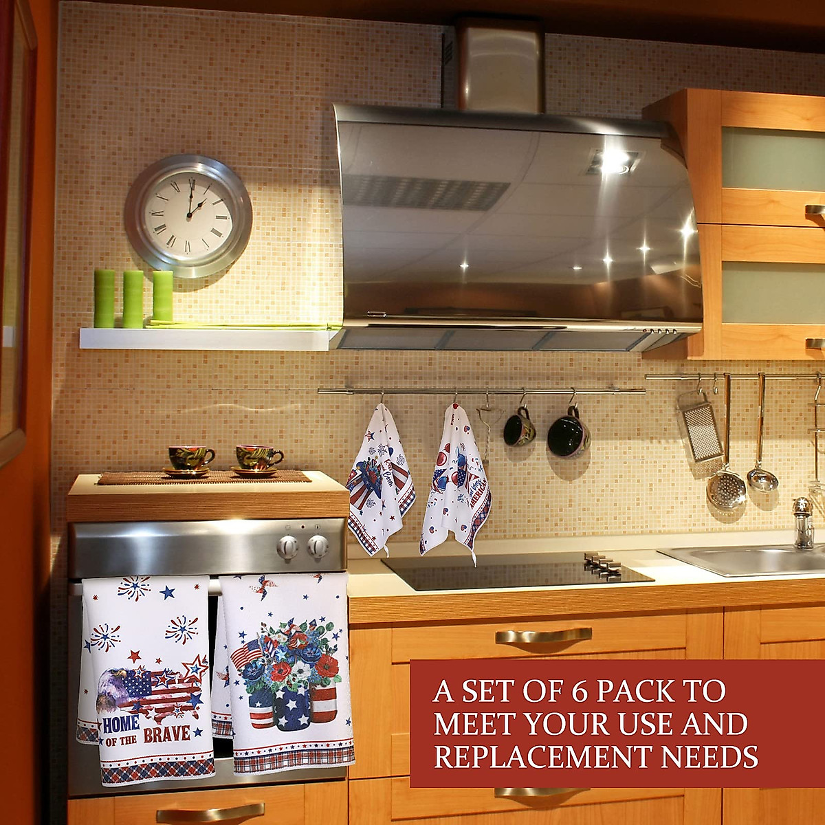 Tudomro Set of 6 4th of July Patriotic Kitchen Towels American Flag Stars Dish Towels Beach Cloth Tea Towel Red Blue Star Tea Towels, Housewarming Gift (Simple, Patriotic)