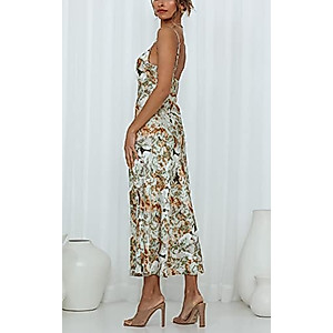 Cantonwalker Women's Satin Spaghetti Straps Cowl Neck Sexy V-Back Cross Slip Cocktail Formal Midi Dress 0238 (S, Green Floral)