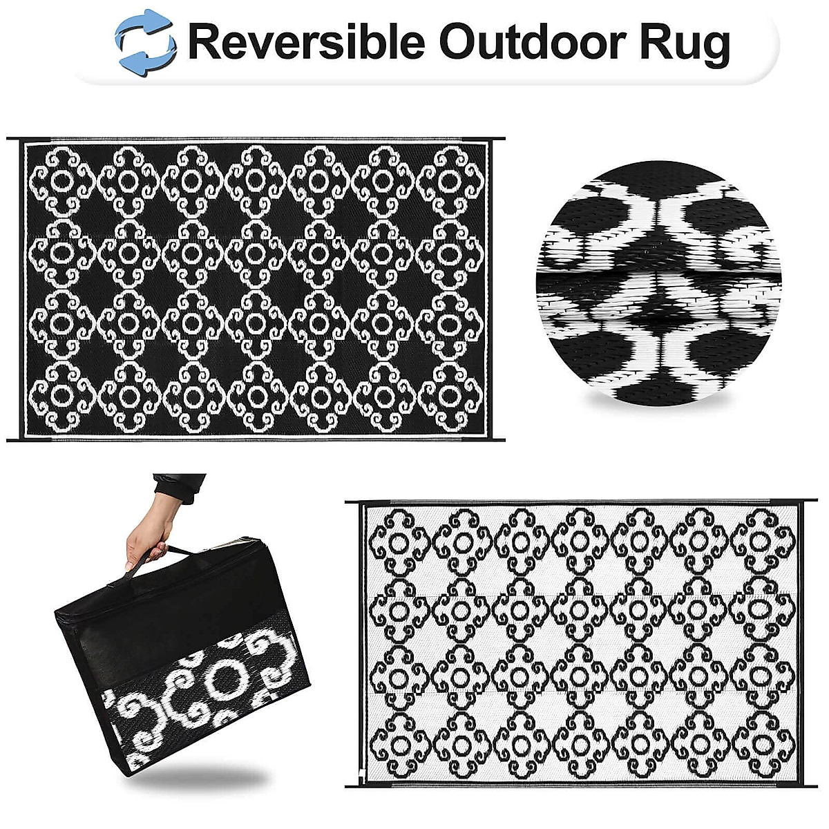 OutdoorLines Outdoor Reversible Rugs for Patio 4x6 ft - Outside Plastic Carpet, Stain & UV Resistant Portable RV Mat, Straw Rug for Camping, Backyard, Deck, Picnic, Porch Moroccan Flower Black & White